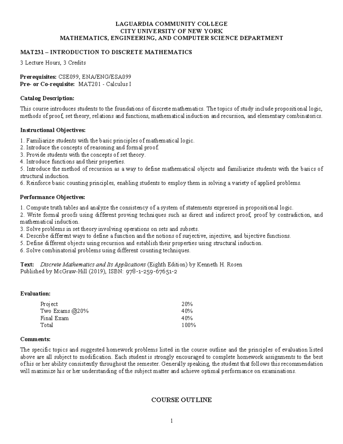 Mat231 - Syllabus - 1 LAGUARDIA COMMUNITY COLLEGE CITY UNIVERSITY OF ...