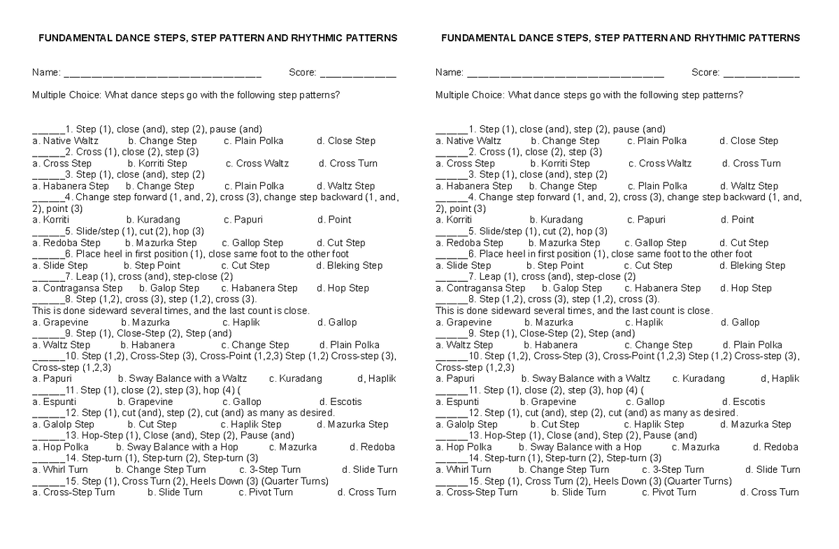 Fundamental Dance Steps, STEP Pattern AND Rhythmic Patterns Quiz ...