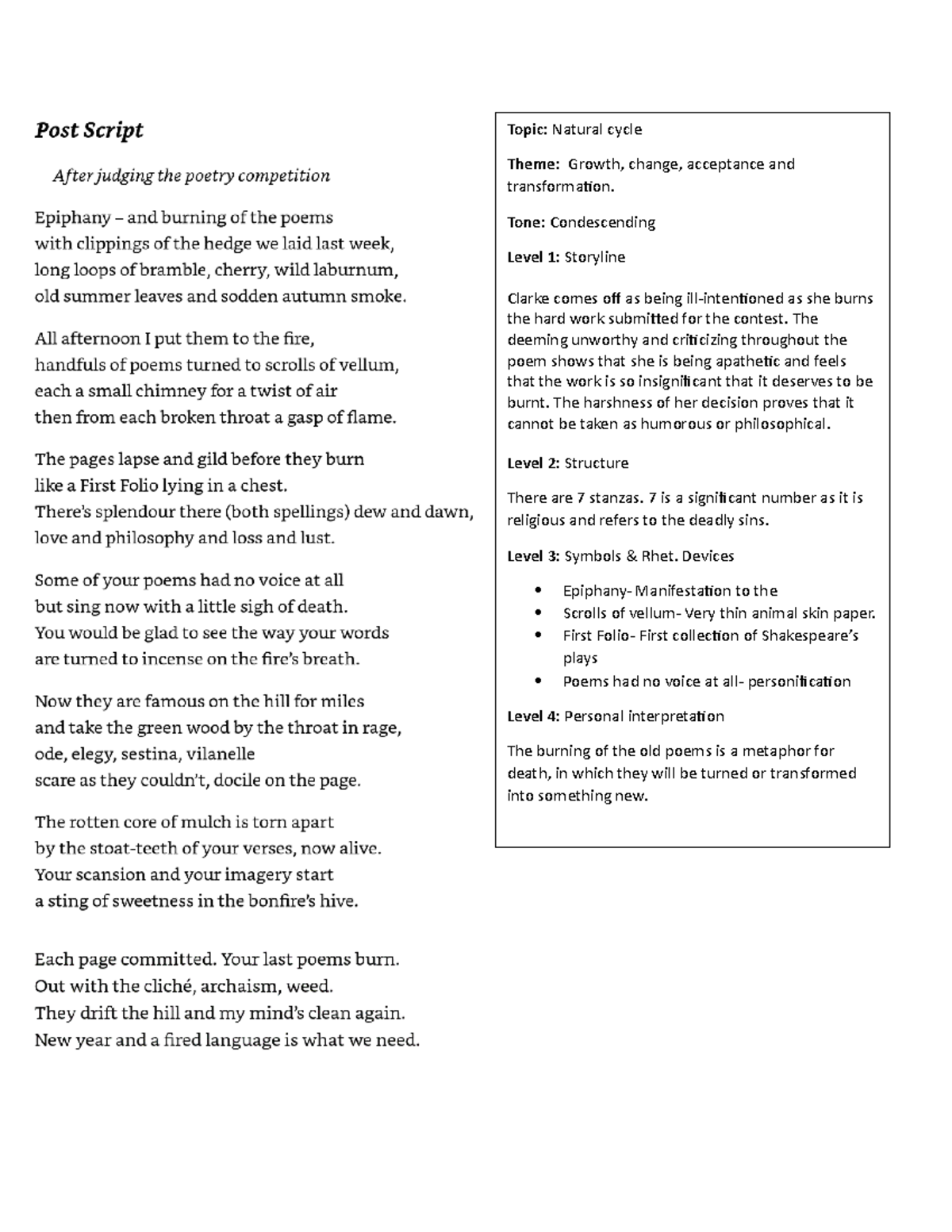 ENG 201: Gillian Clarke's "Post Script" Poem Analysis and Themes - Studocu