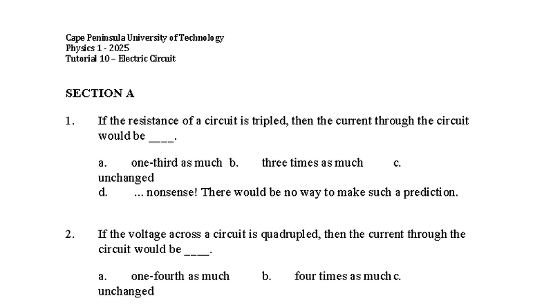 Physics 1 2025 Tutorial 10: Electric Circuit Analysis - Studocu