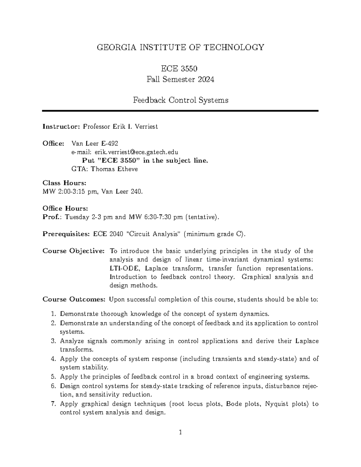 ECE 3550 Fall 2024 Syllabus: Feedback Control Systems Overview - Studocu