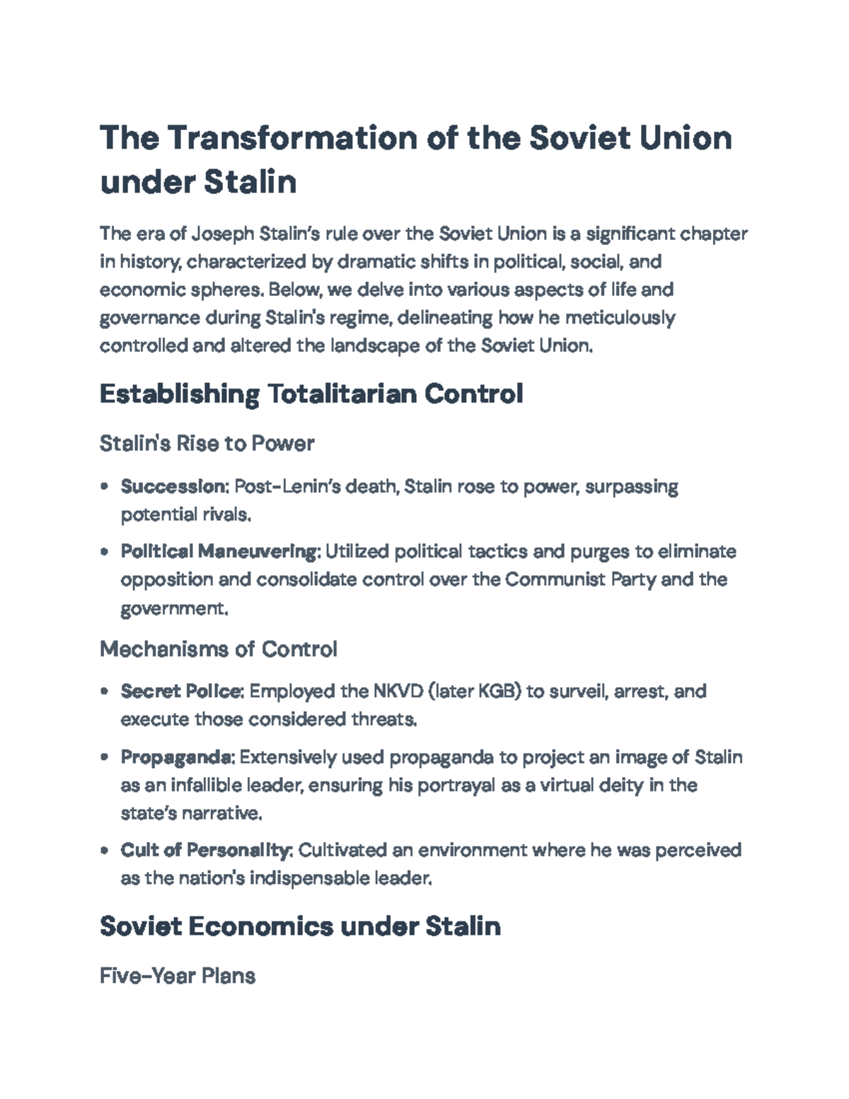 The Transformation of the Soviet Union under Stalin: A Detailed ...