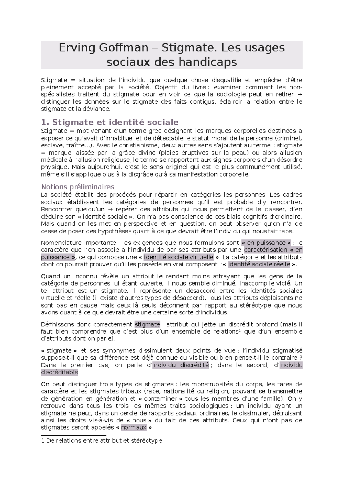 Goffman - Analyse du Stigmate et Identité Sociale (Cours SOC202) - Studocu
