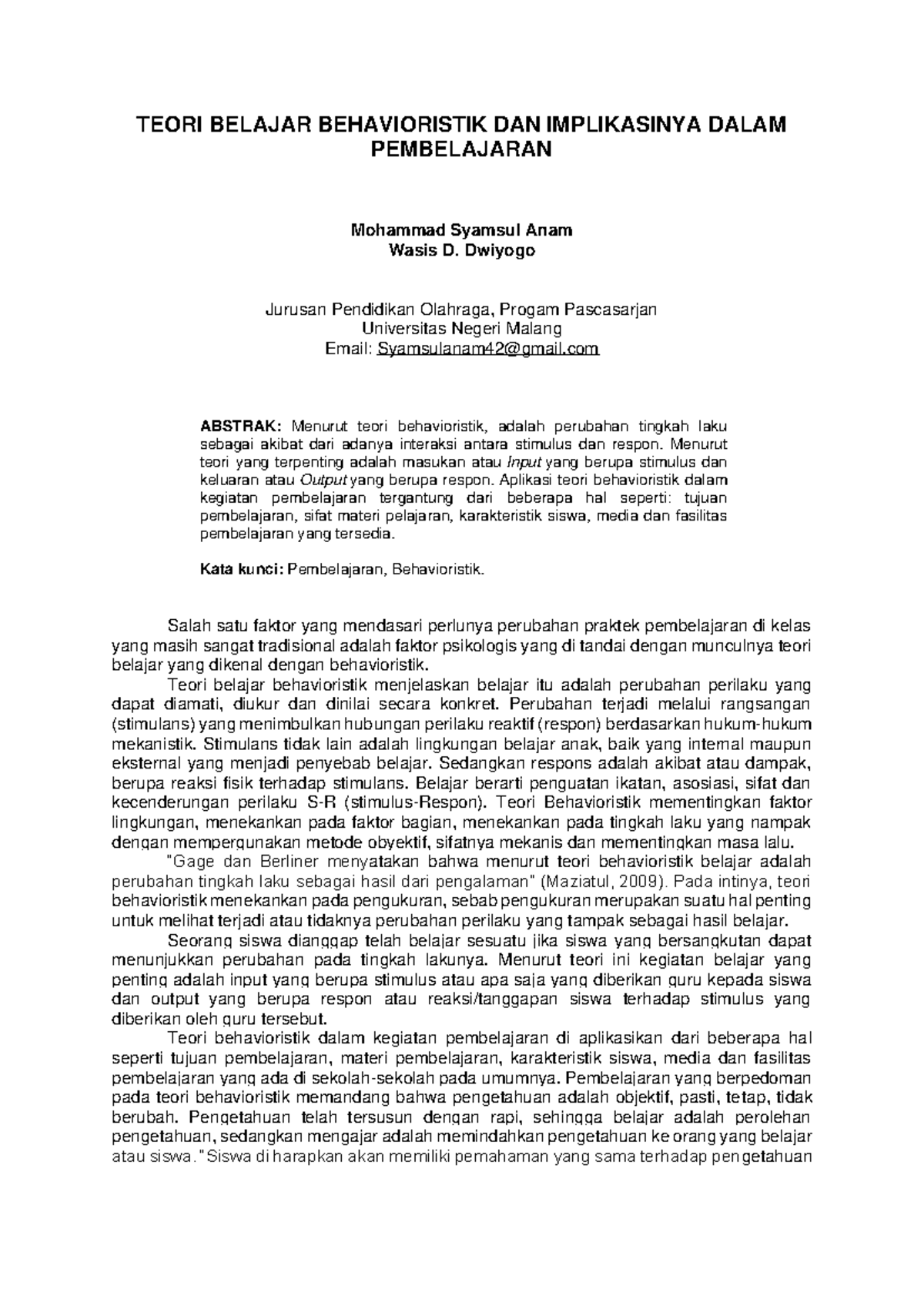 Teori Belajar Behavioristik dan Implikasinya dalam Pembelajaran - Studocu