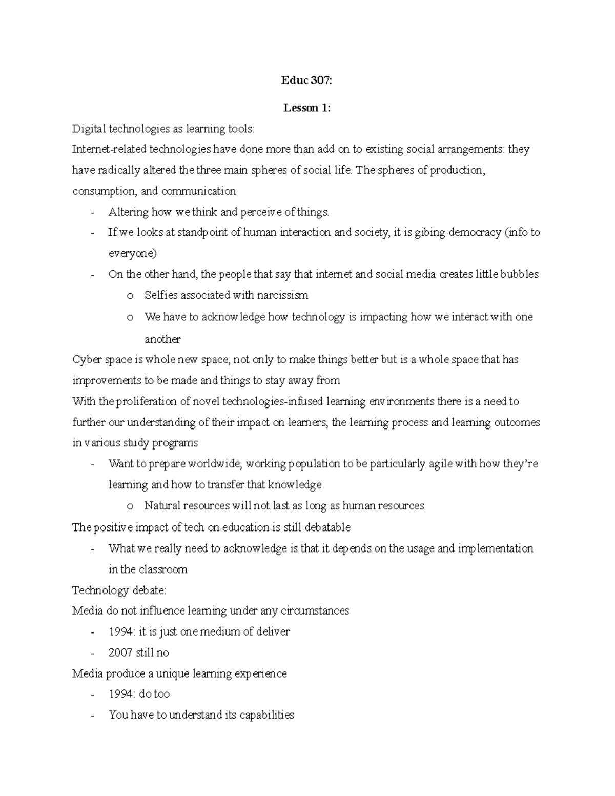 Educ 307: Lesson 1 - The Impact of Digital Tech on Learning - Studocu