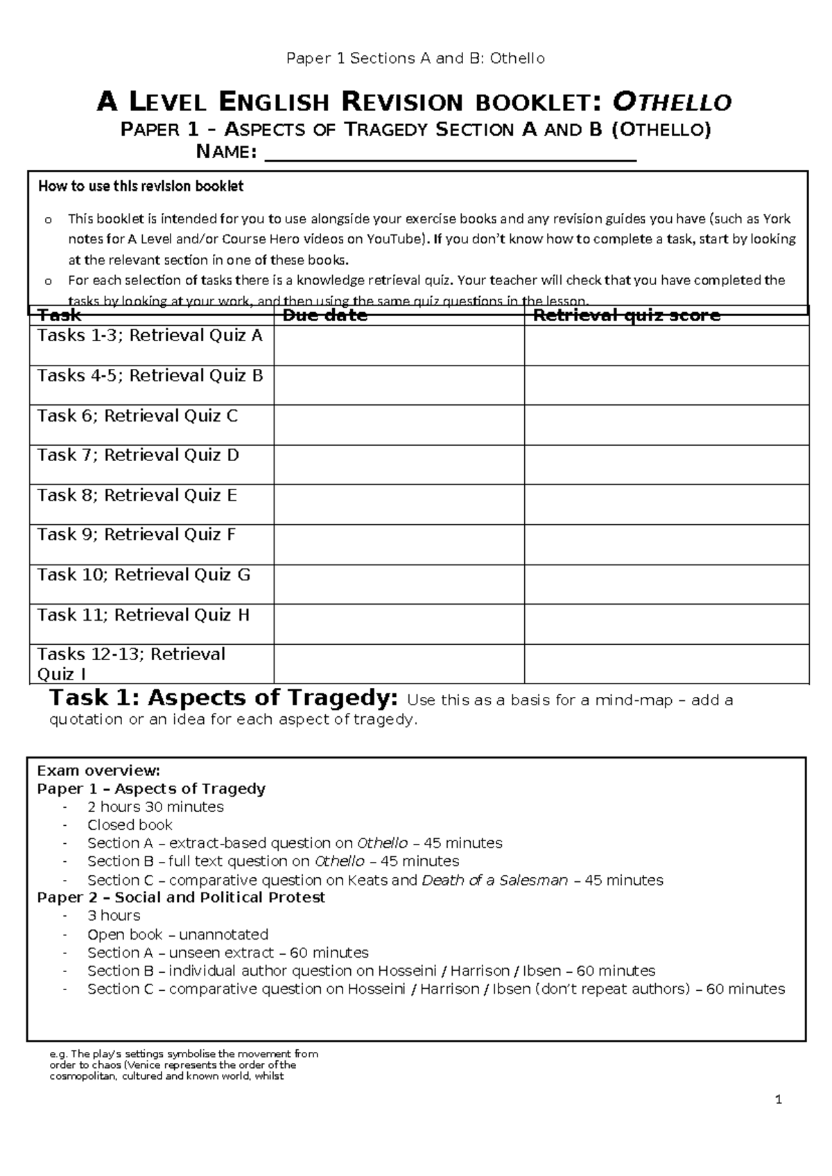 A LEVEL ENGLISH REVISION GUIDE: OTHELLO PAPER 1 ASPECTS OF TRAGEDY ...