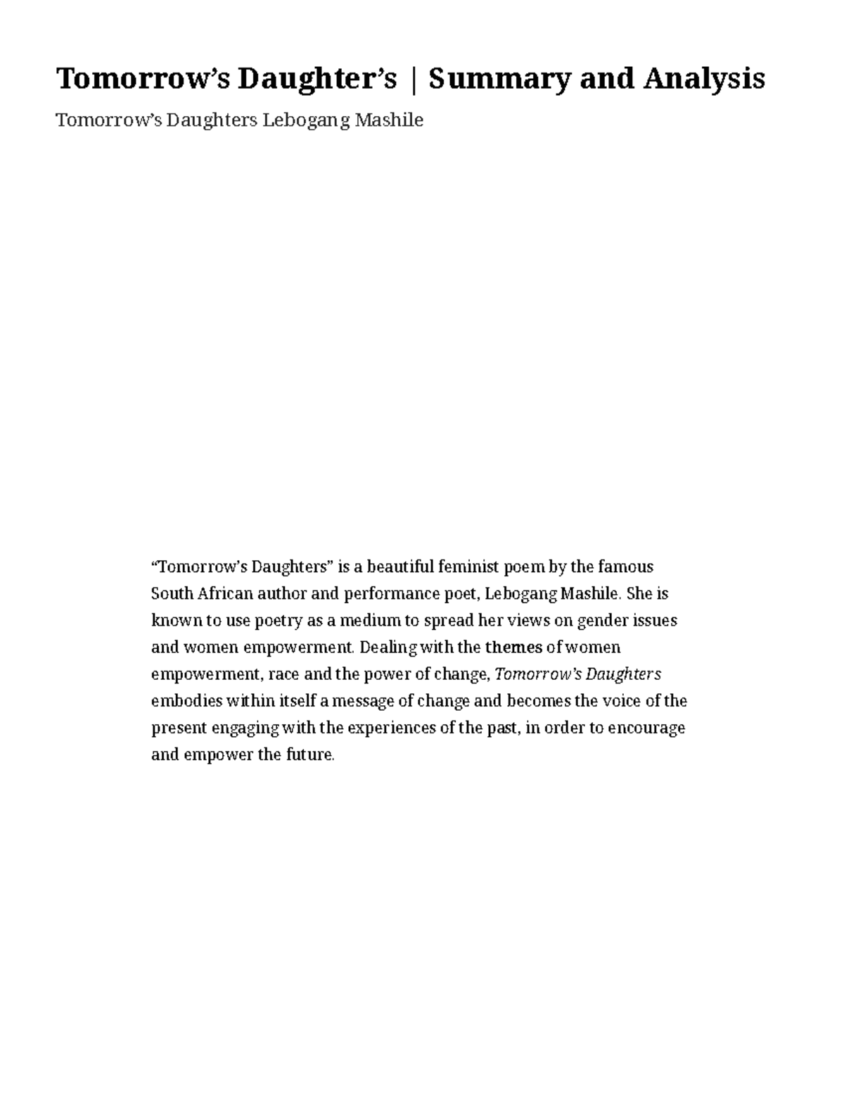 Tomorrow's Daughters (Analysis & Summary) - Litbug Study Guide - Studocu