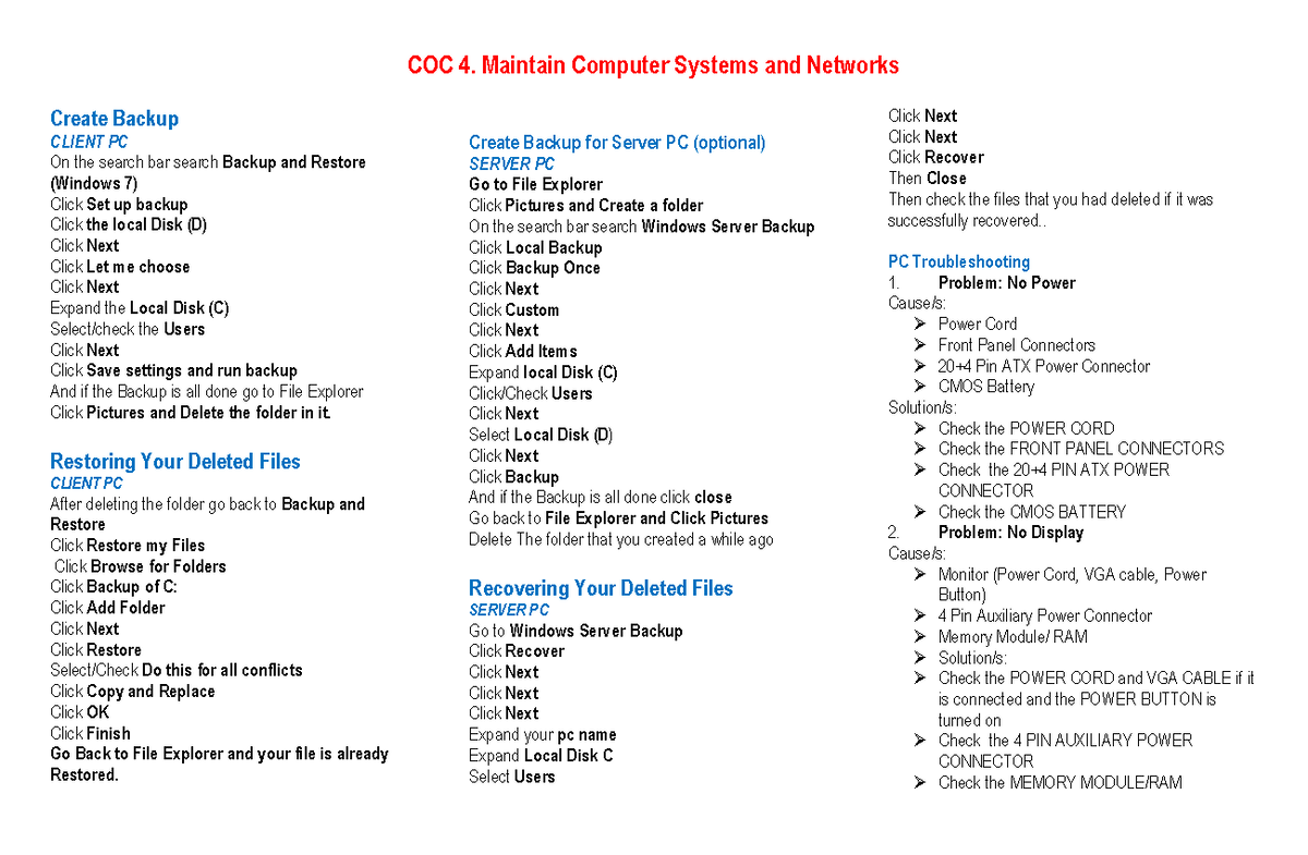 COC 4. Steps for Backup and Recovery on CLIENT and SERVER PCs - Studocu