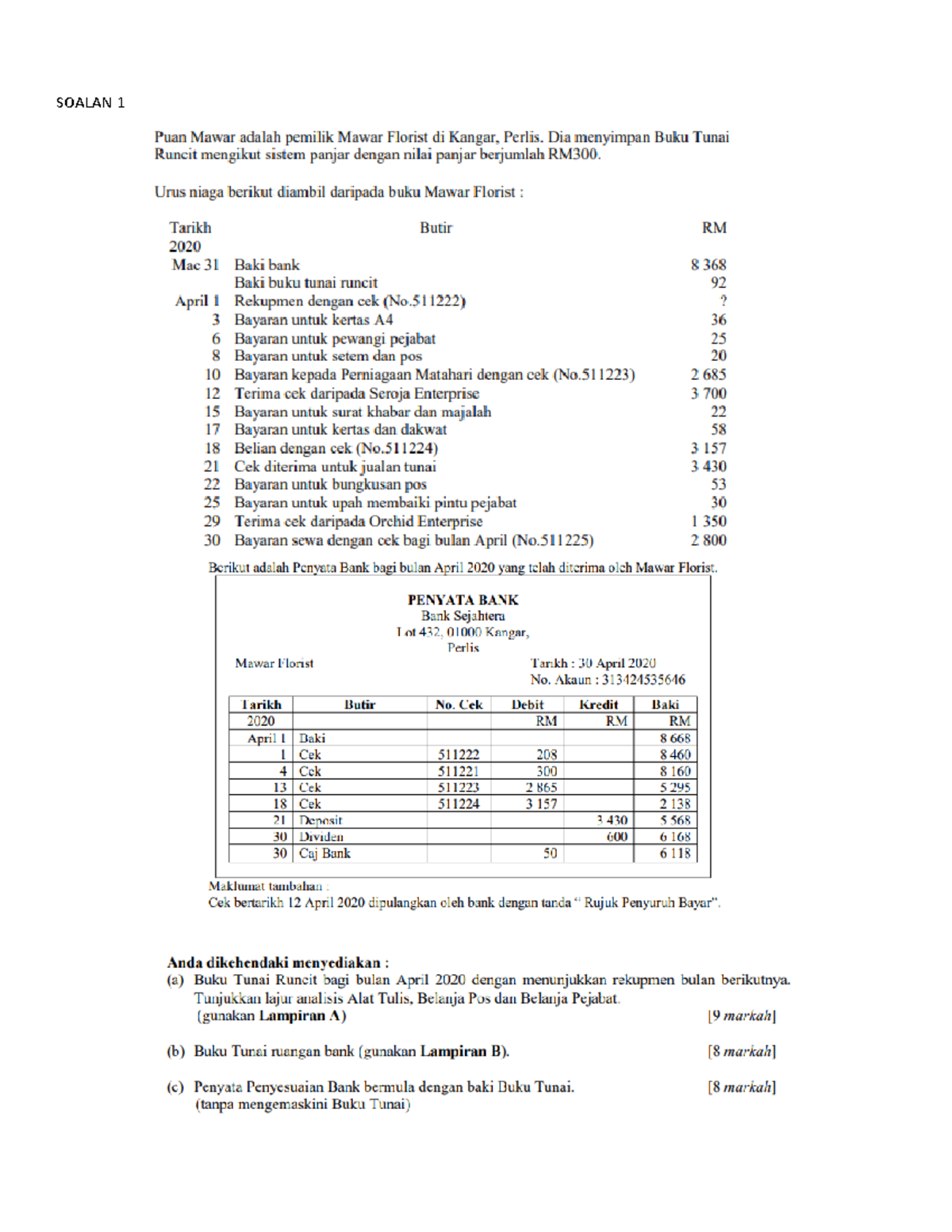 Soalan Latih TUBI Penyesuaian BANK - Akaun - SOALAN SOALAN - Studocu