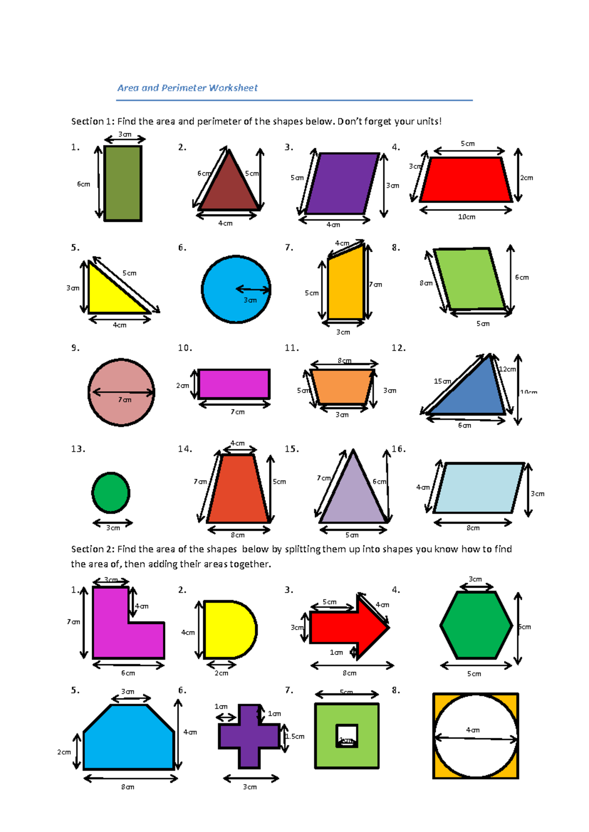 Area and Perimeter Worksheet: Shapes Analysis and Calculations - Studocu