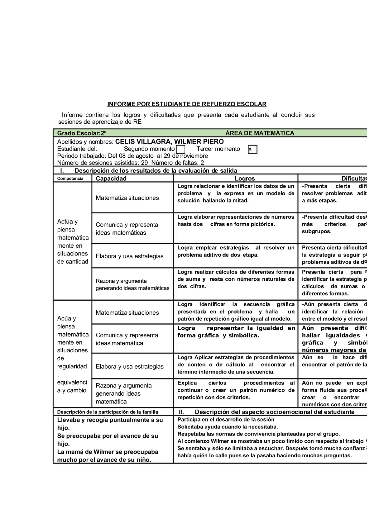 Informe de refuerzo escolar - INFORME POR ESTUDIANTE DE REFUERZO ESCOLARINFORME POR ESTUDIANTE ...