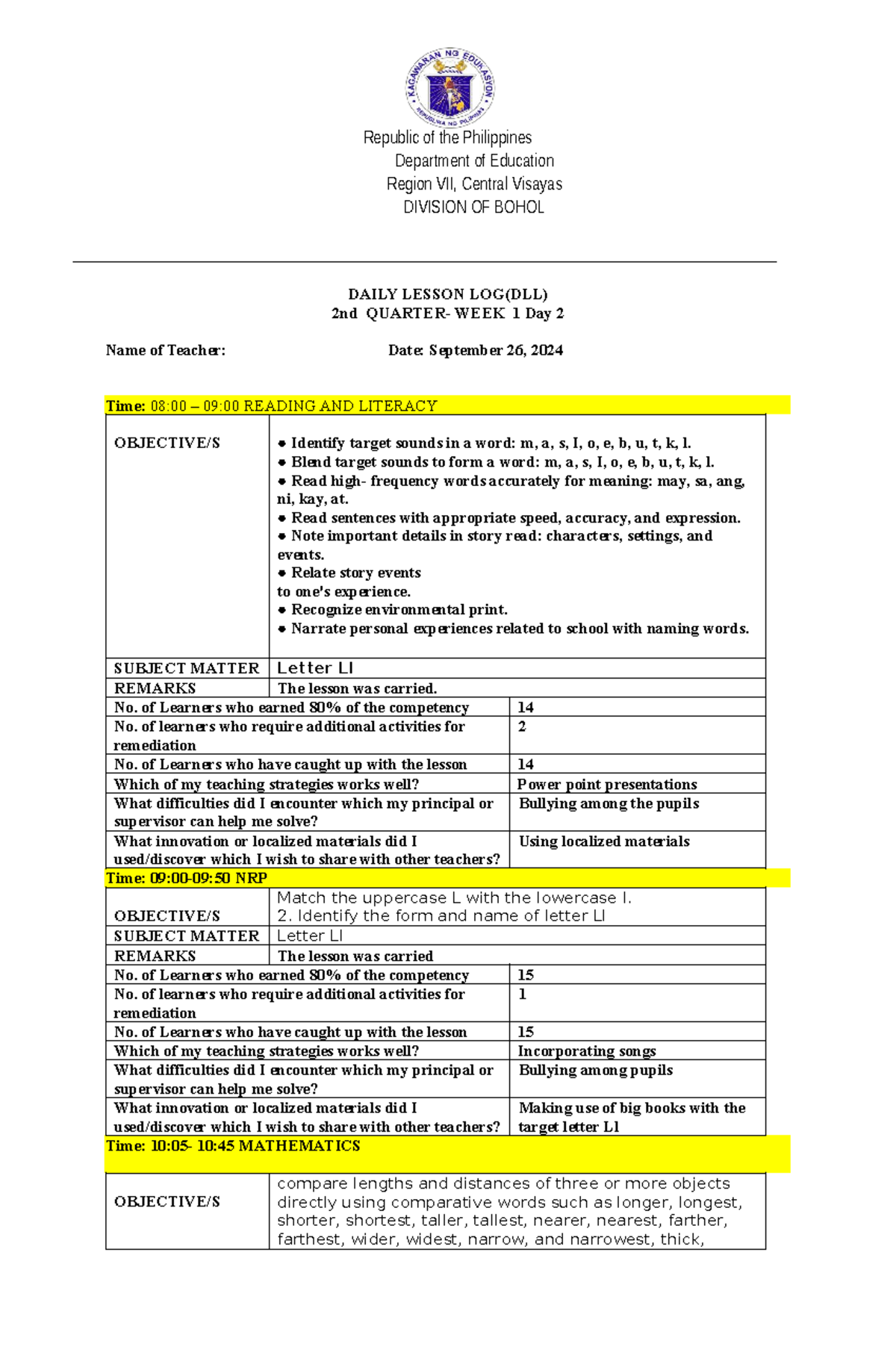 2nd Quarter Reflection: Daily Lesson Log (DLL) Week 1 Day 2 - Studocu