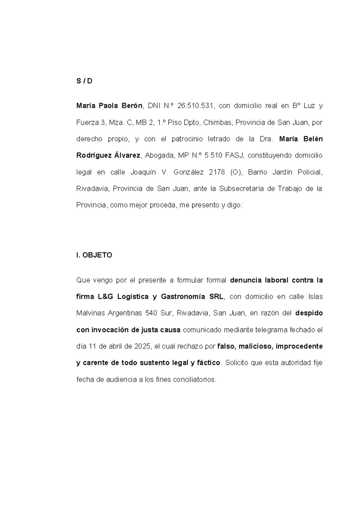 Denuncia Laboral de María Paola Berón contra Logística y Gastronomía ...