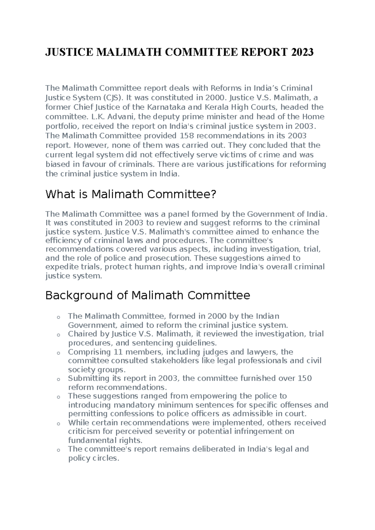 Justice Malimath Committee Report 2023: Reforms in Criminal Justice ...