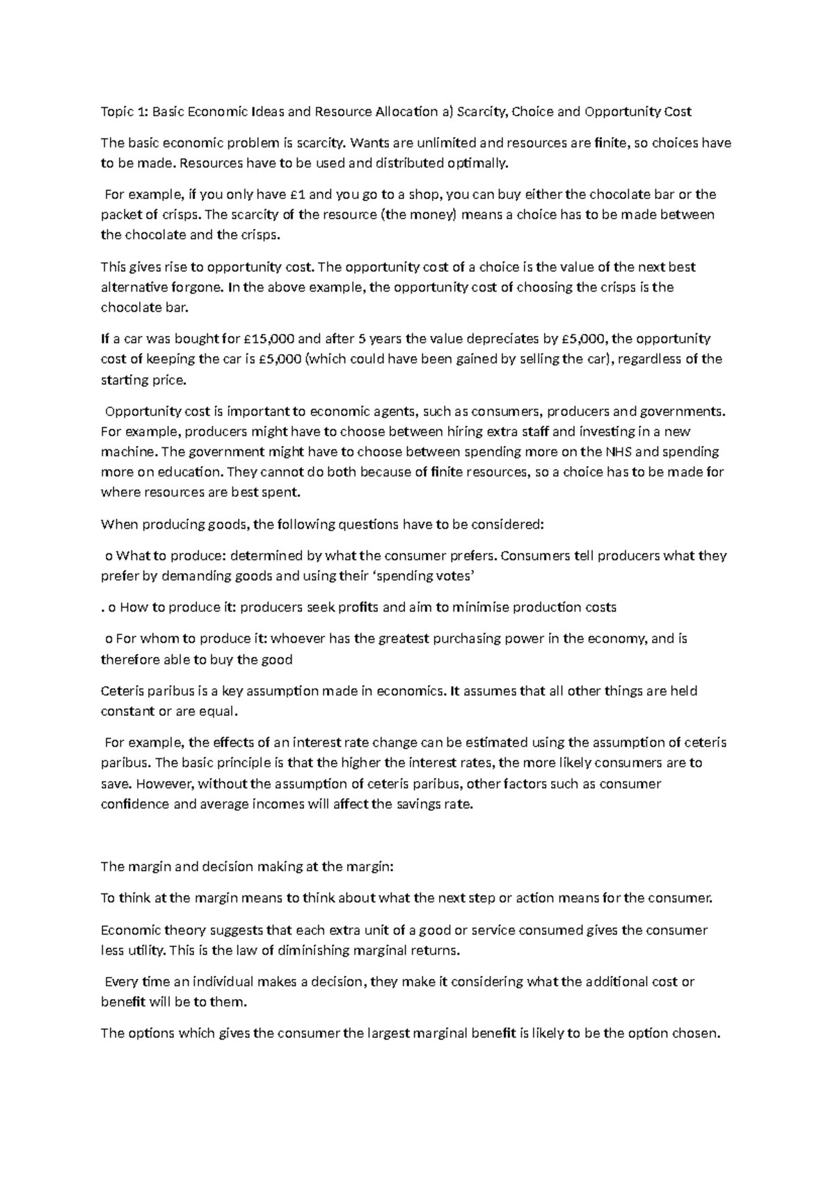 Economics notes Chapter 1 - Topic 1: Basic Economic Ideas and Resource ...