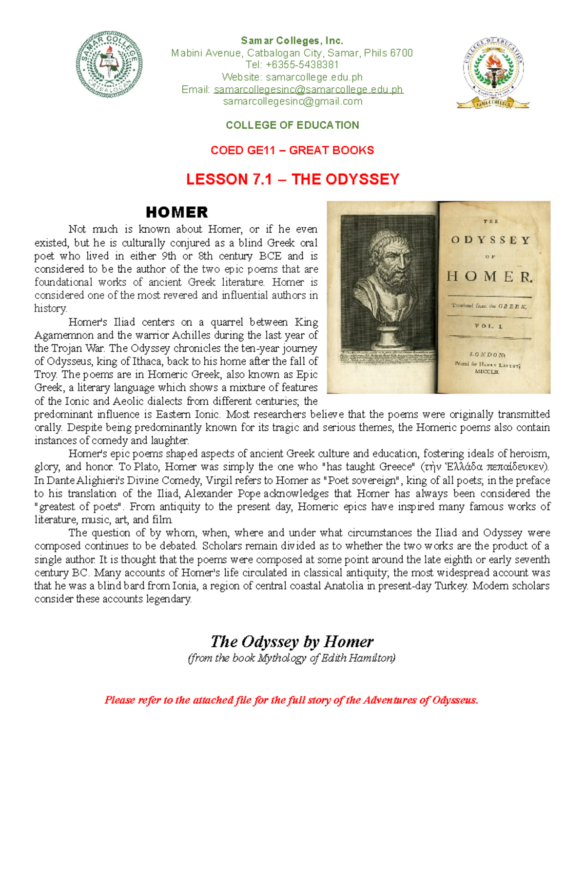 COED GE11 Great Books Lesson 7.1: The Odyssey by Homer - Studocu