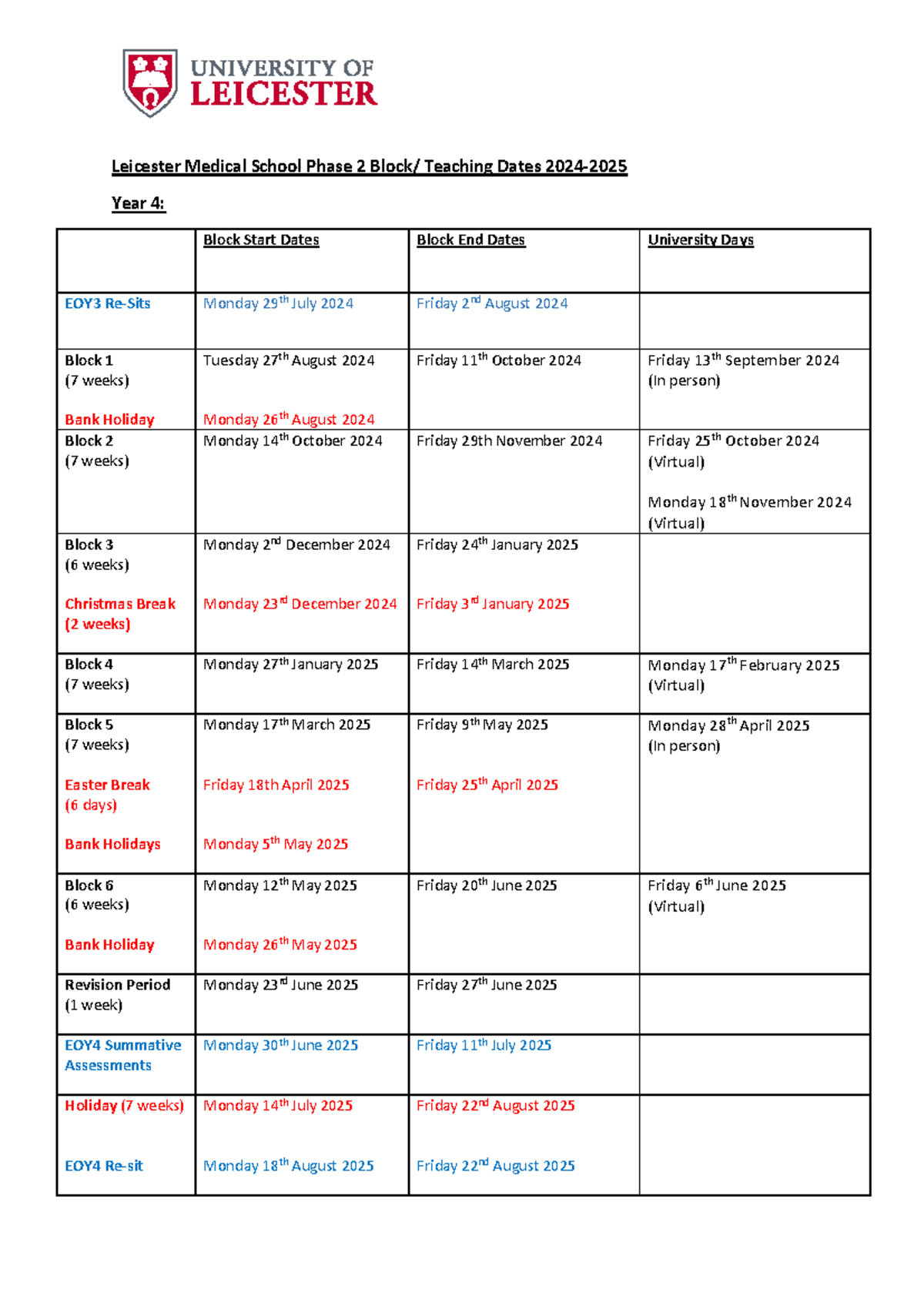 Year 4 Teaching Dates and Assessment Schedule 2024-25 - Studocu