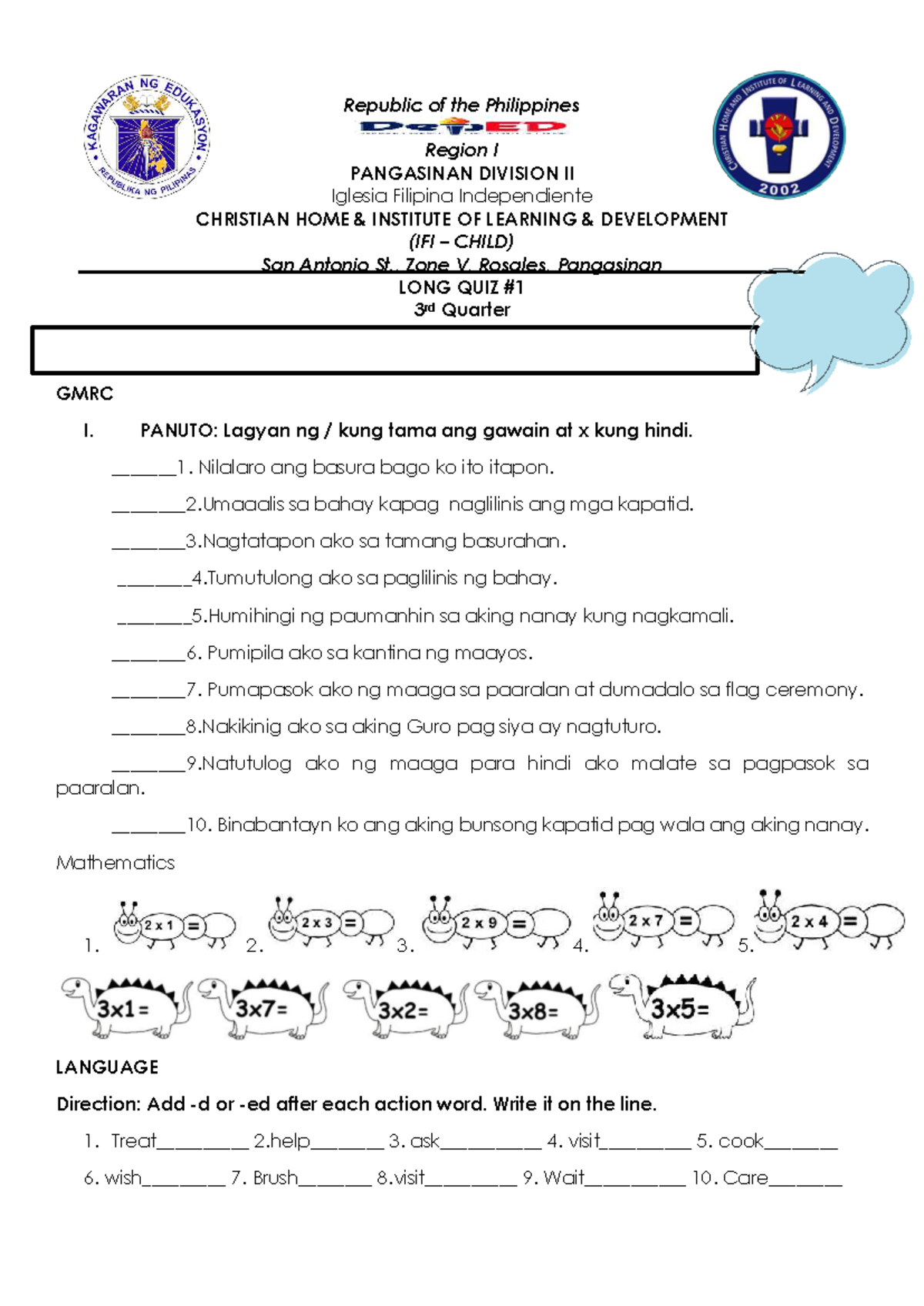 QUIZ 1: 3rd Grading - GMRC and Language Activities - Studocu