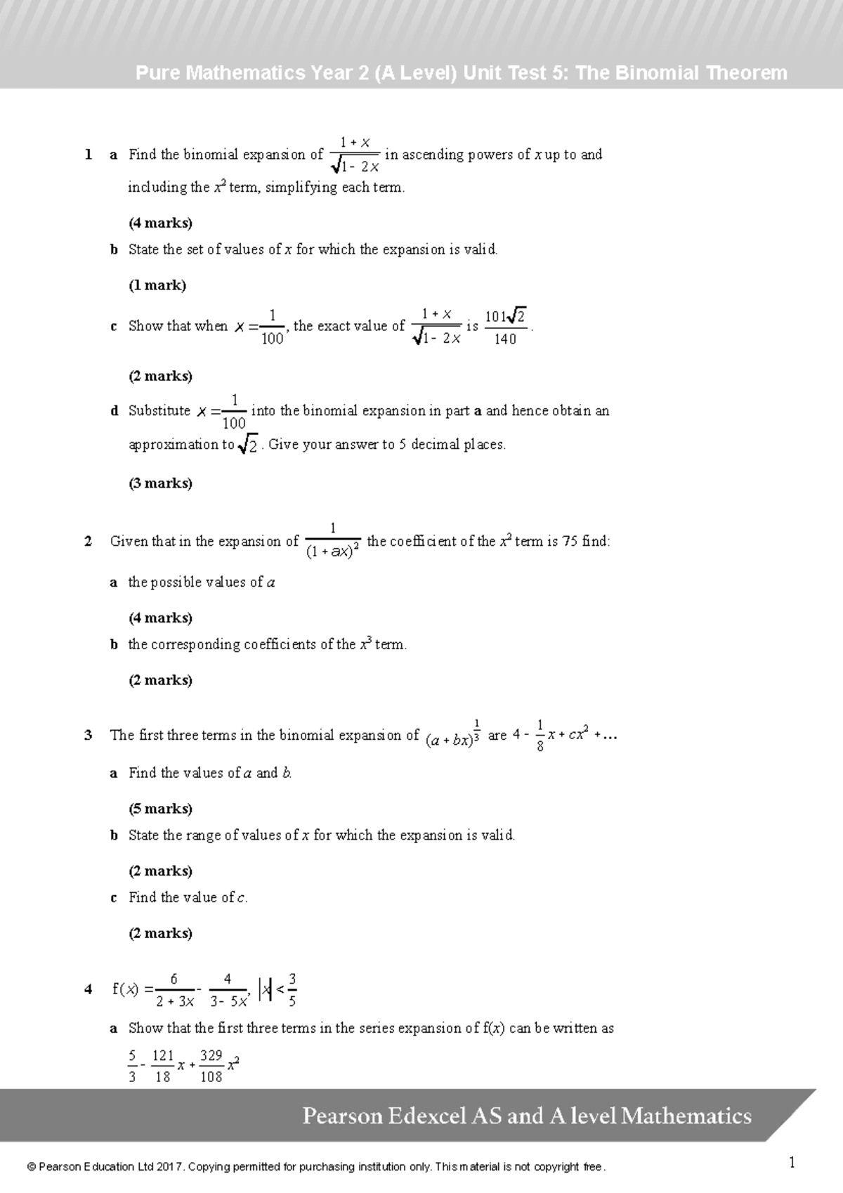 Al maths pure unit 5 test - Pure Mathematics Year 2 (A Level) Unit Test ...