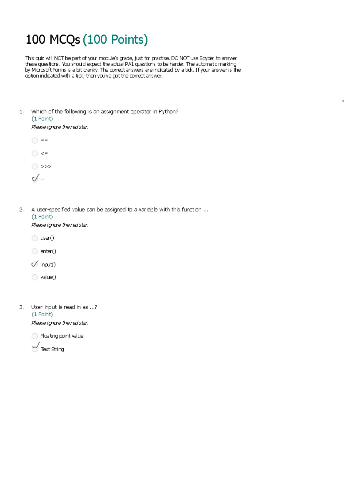 100 MCQs - Python Practice Quiz (100 Points) - Studocu