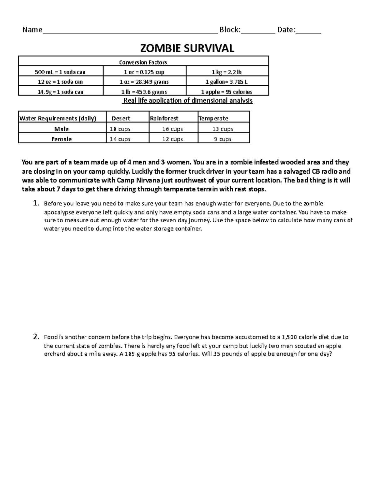 Zombie Survival: Dimensional Analysis for Water, Food, and Fuel Needs ...