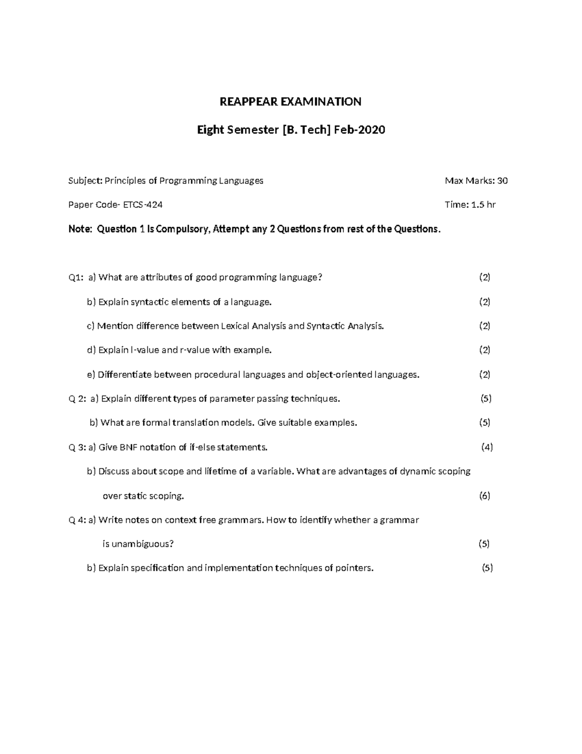 PPL 8th Sem Reappear Exam: Principles of Programming Languages 2019 ...