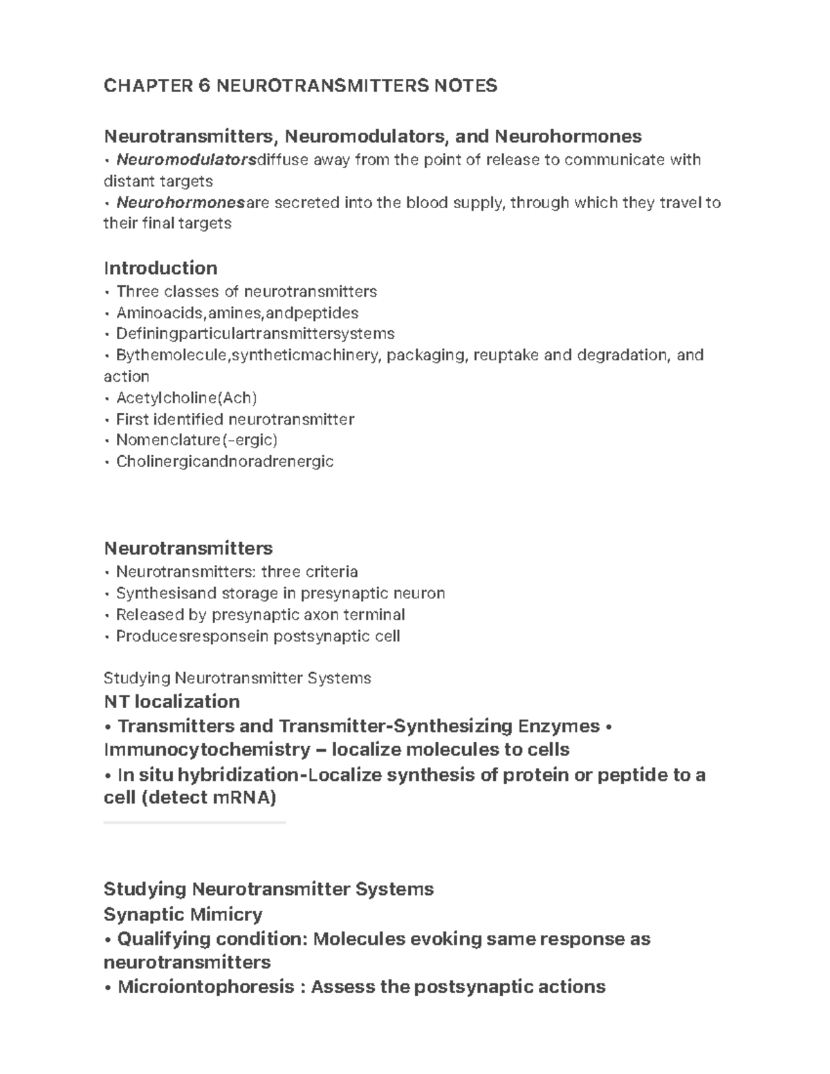 Chapter 6 Neurotransmitters Notes - CHAPTER 6 NEUROTRANSMITTERS NOTES ...
