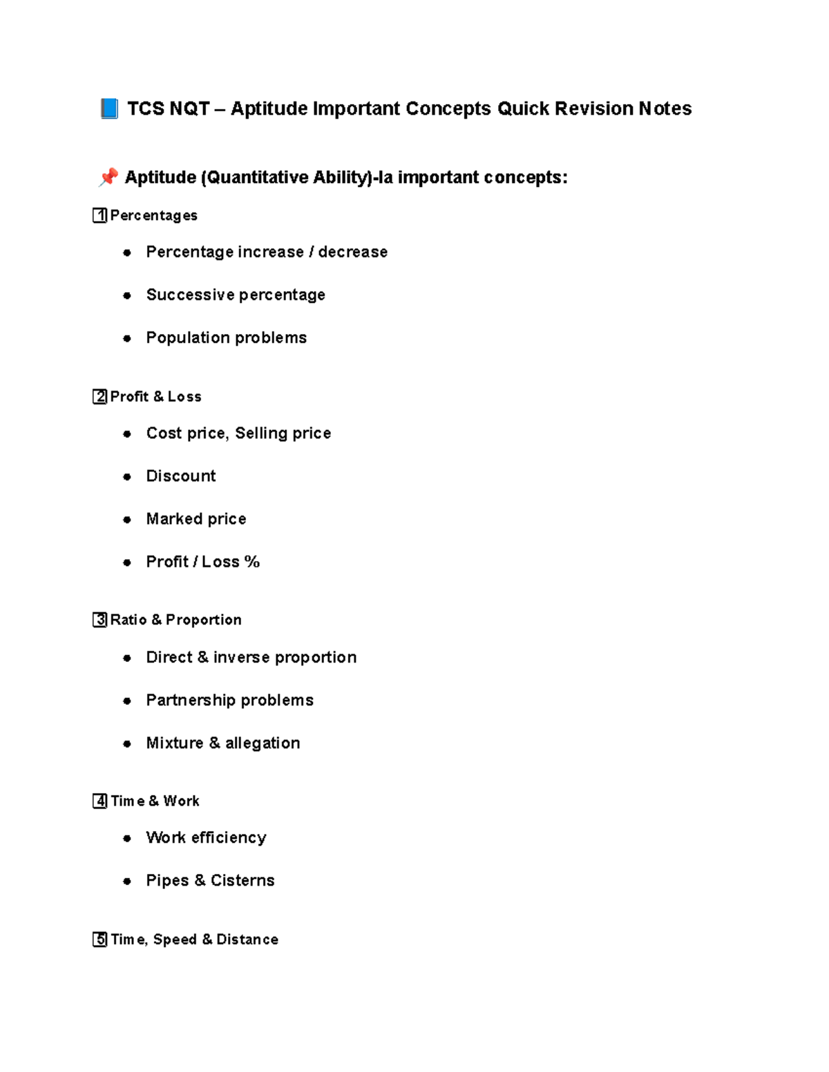 TCS NQT Aptitude Quick Revision Notes on Key Concepts - Studocu