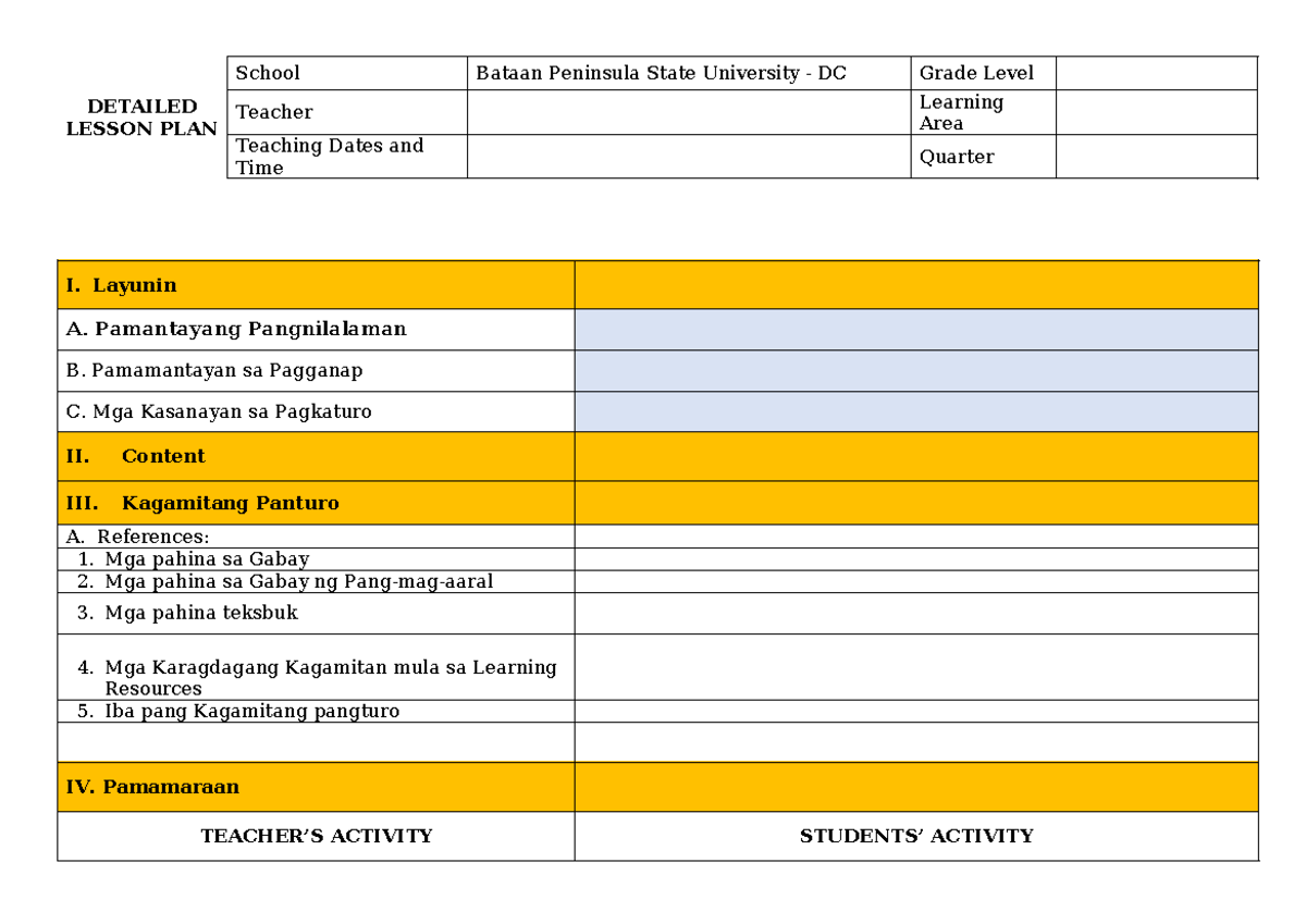 DLP Template for Teacher Lesson Plan - BPSU DC 1234 - Studocu