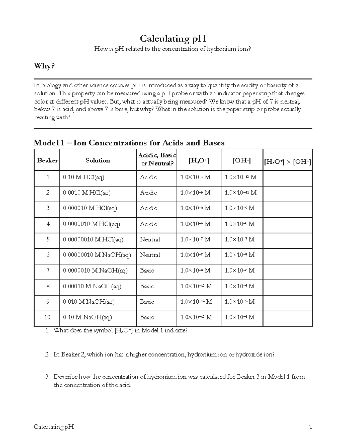 34 Calculating p H-SA - Chem activities - Calculating pH 1 Calculating ...