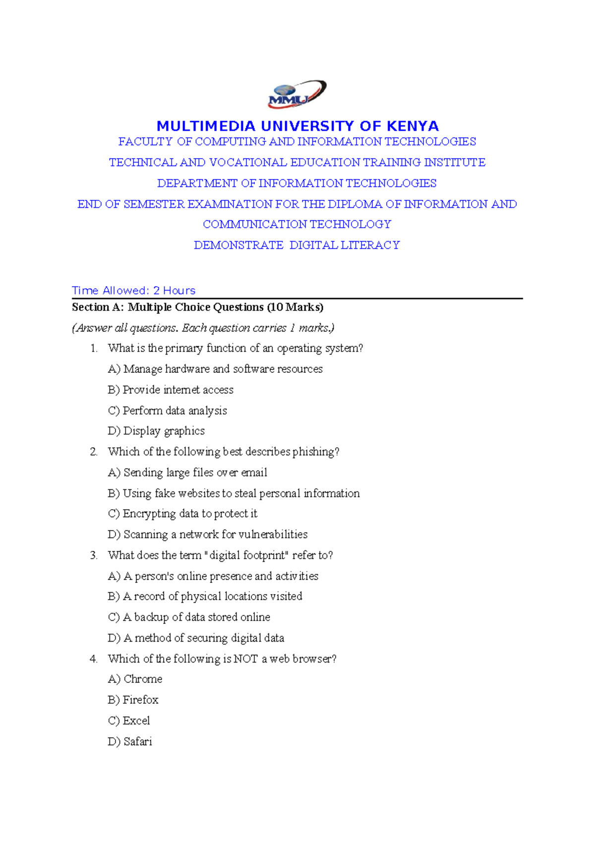 Demonstrate Digital Literacy Exam - MULTIMEDIA UNIVERSITY OF KENYA ...