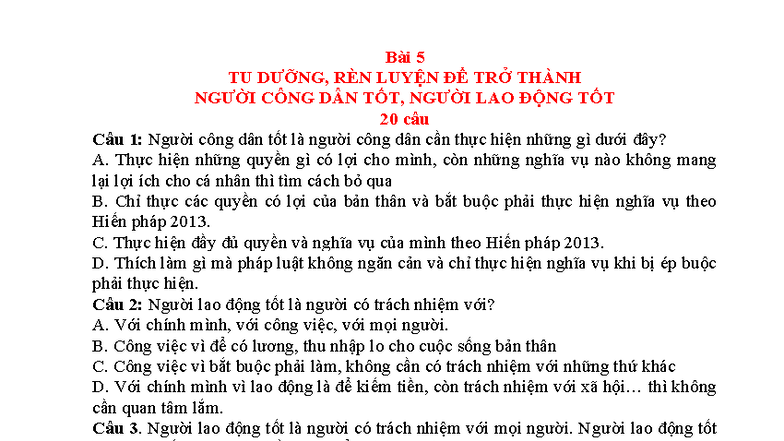 Bài 5: Tu Dưỡng và Rèn Luyện Để Trở Thành Công Dân Tốt - 20 Câu Hỏi ...