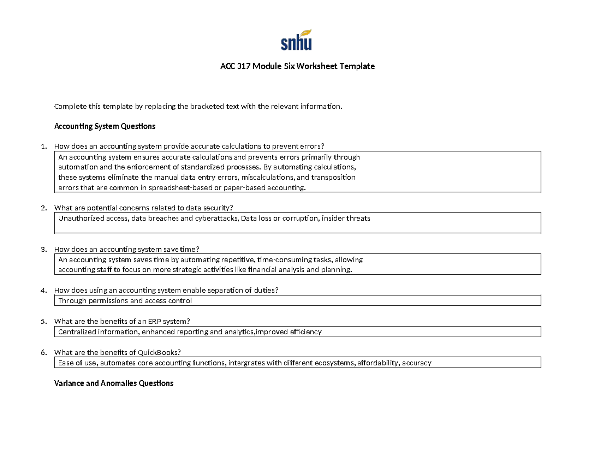 ACC 317 Module Six Worksheet: Accounting Systems Insights and Benefits ...