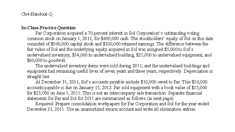 Consolidation Workpapers for Par Corp & Sol - Ch4 Handout - Studocu