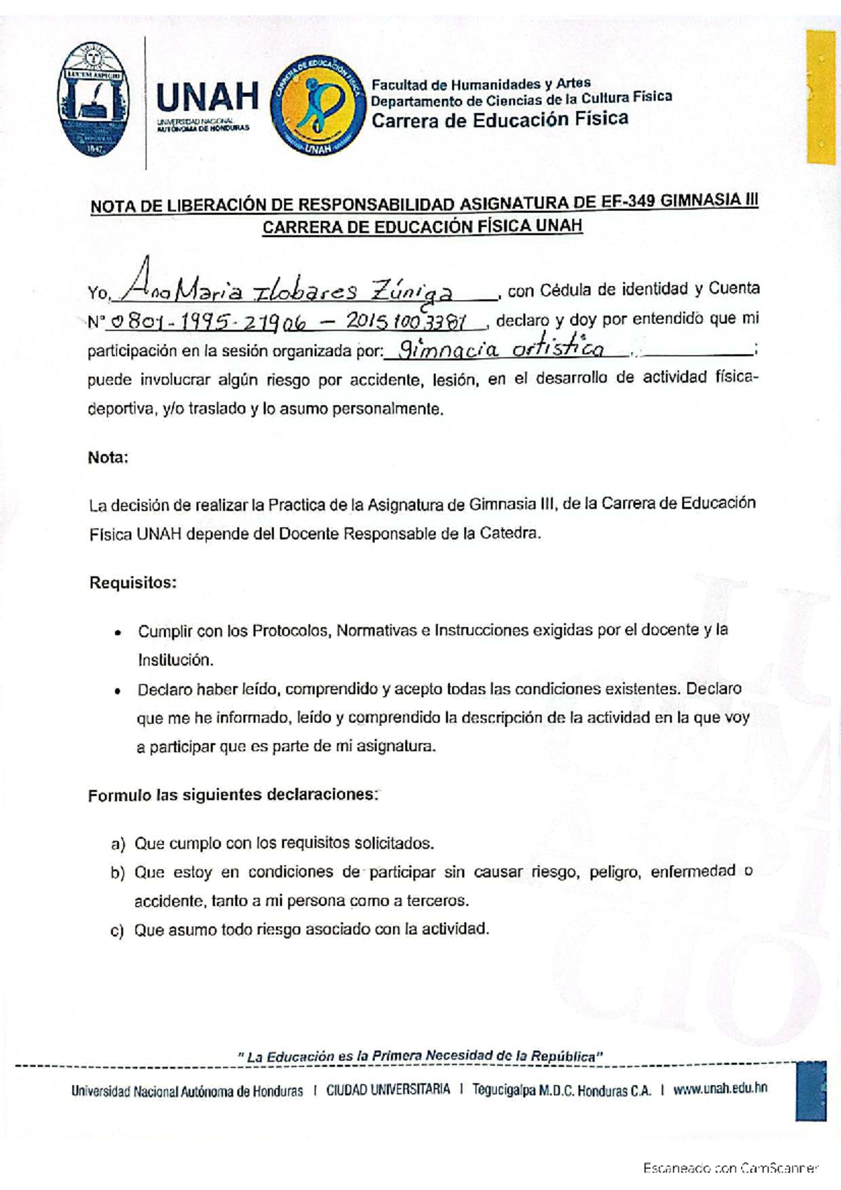 Nota de Liberación de Responsabilidad - Gimnasia III UNAH - Studocu