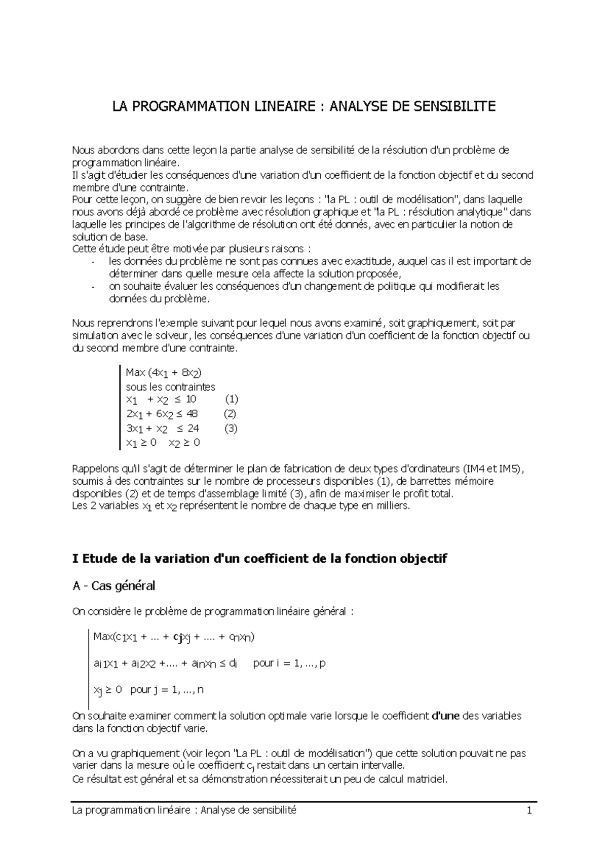 Analyse de Sensibilité en Programmation Linéaire - PL 2023 - Studocu