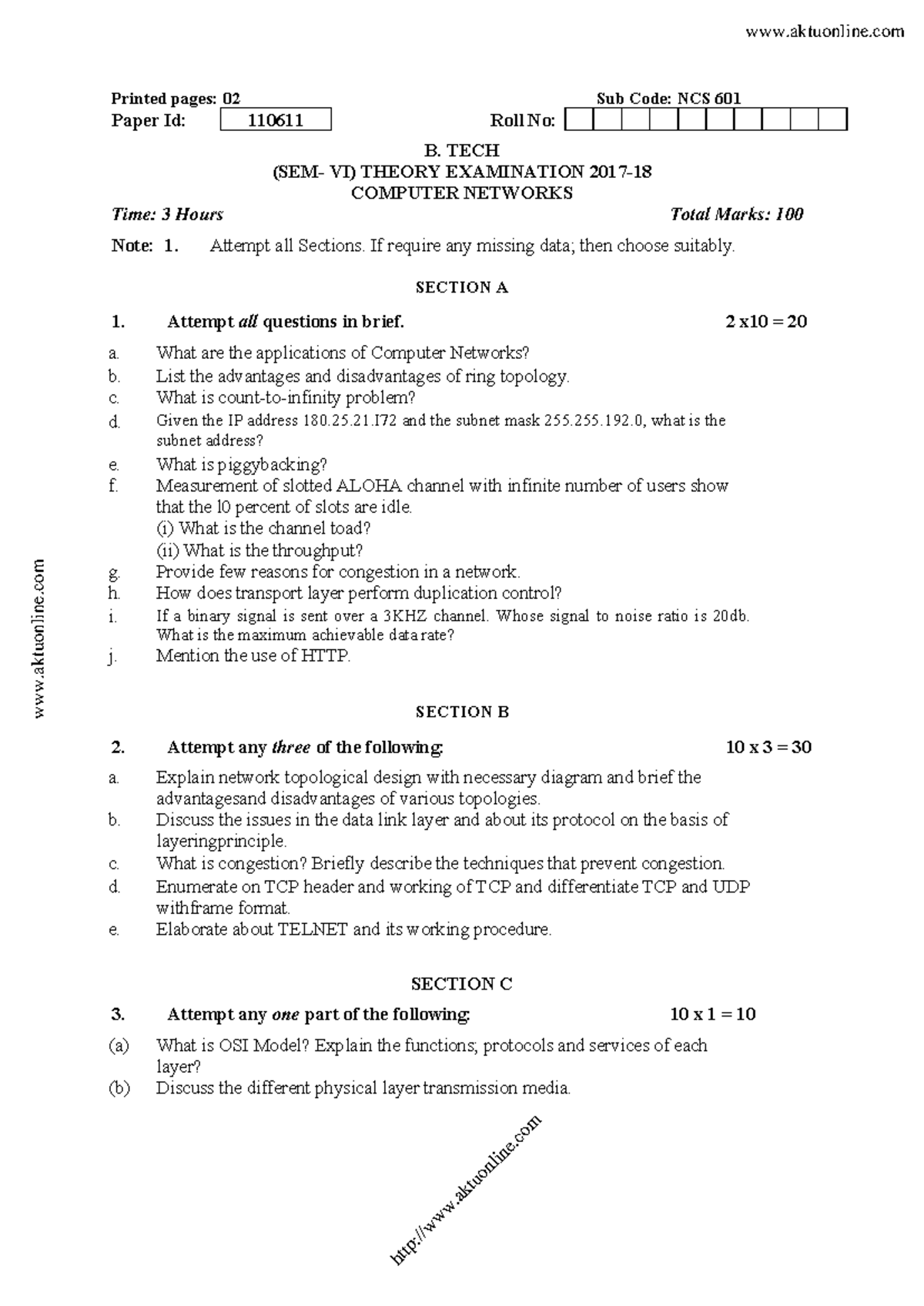 CN NCS 601 - B. TECH VI Theory Exam: Computer Networks Questions - Studocu