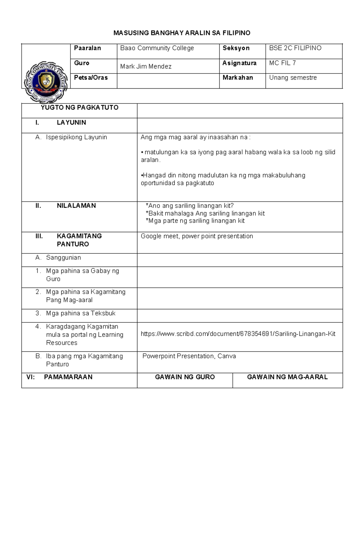 Masusing Banghay Aralin sa Filipino - MC FIL 7 - Sariling Linangan Kit ...