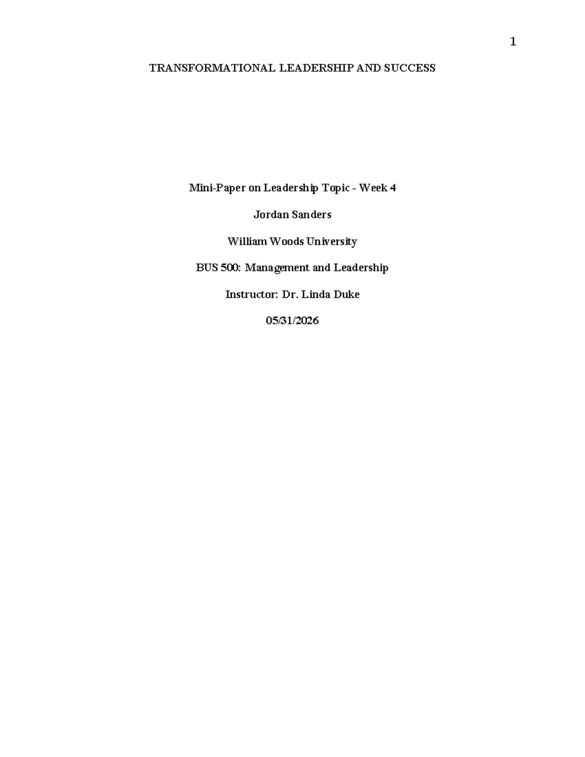 BUS 500: Transformational Leadership and Success - Week 4 Mini-Paper ...