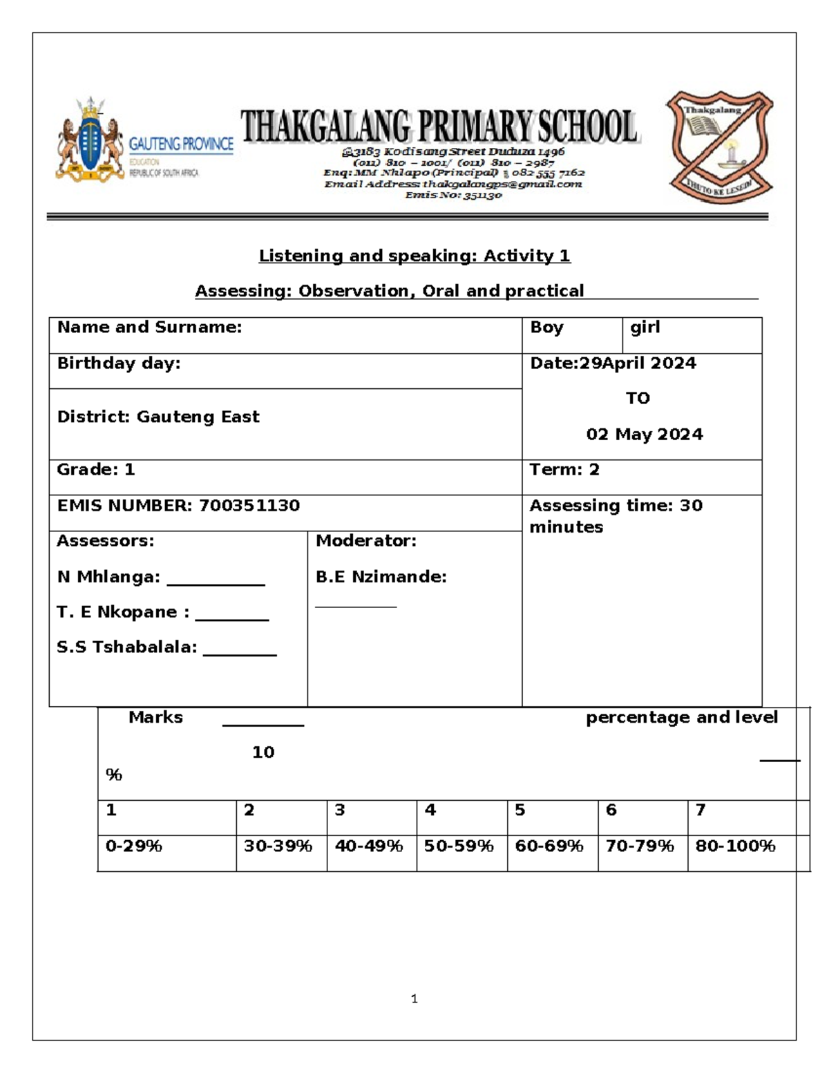 Listening and speaking: Activity 1 assessment for grade 1 term 2 - Studocu