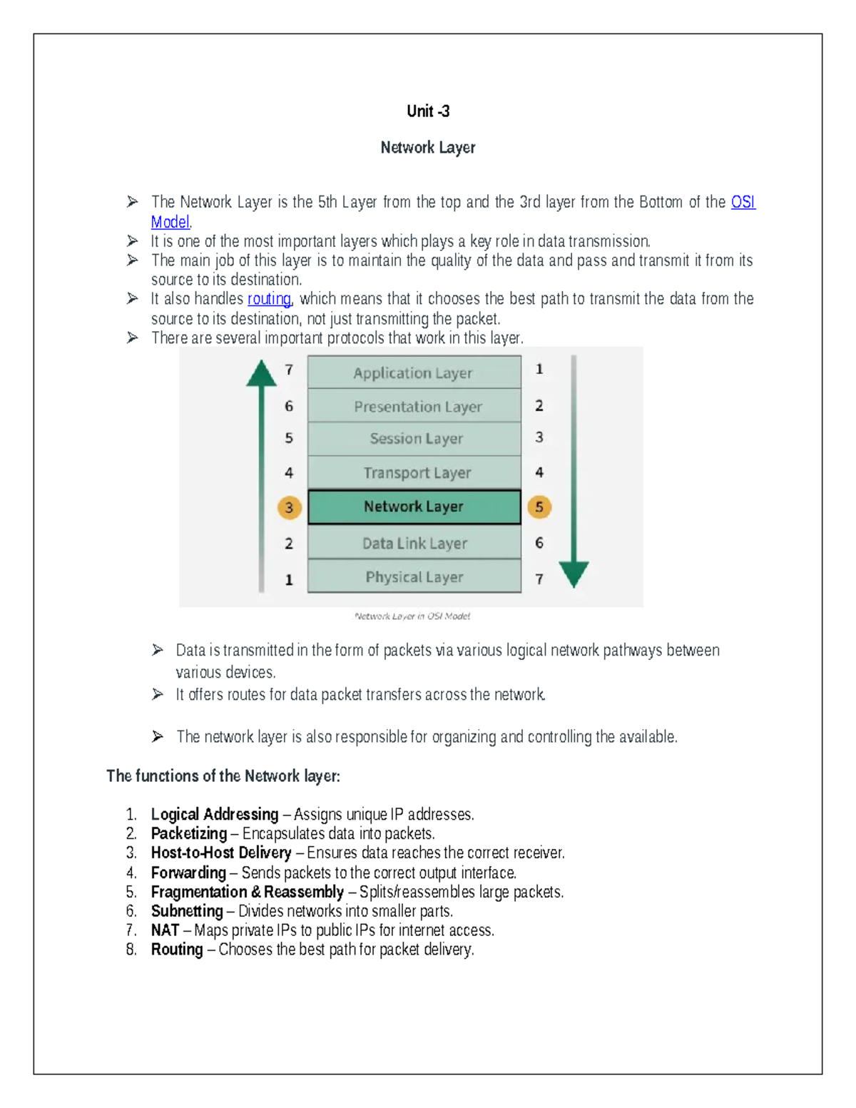 Unit 3: Network Layer Overview and Key Functions (ITA110) - Studocu