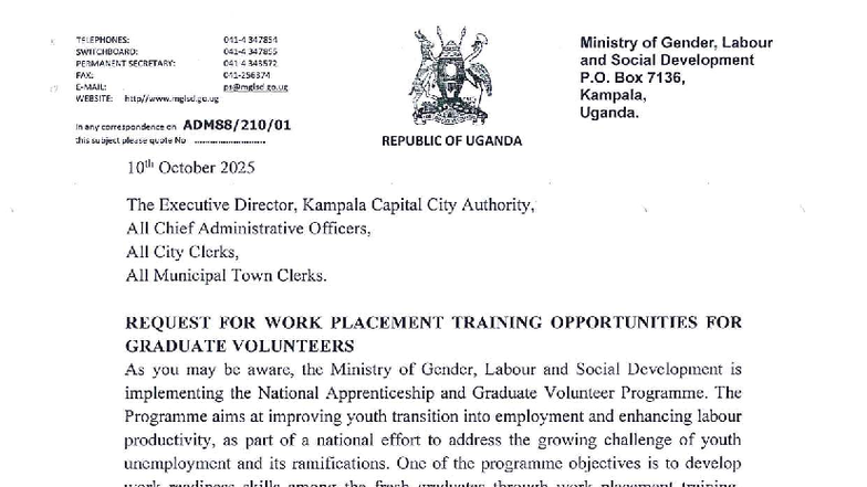 Letter to ED-KCCA, CAOs & TOWN Clerks - TELEPHONES: 347854 Ministry of ...