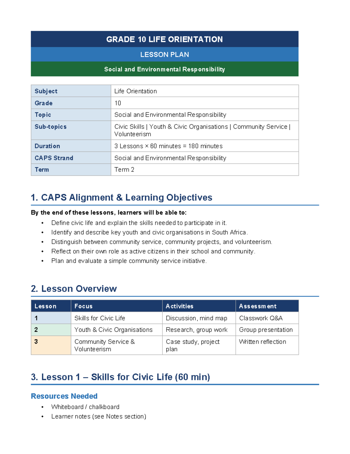 GRADE 10 LIFE ORIENTATION LESSON PLAN: Social & Environmental ...