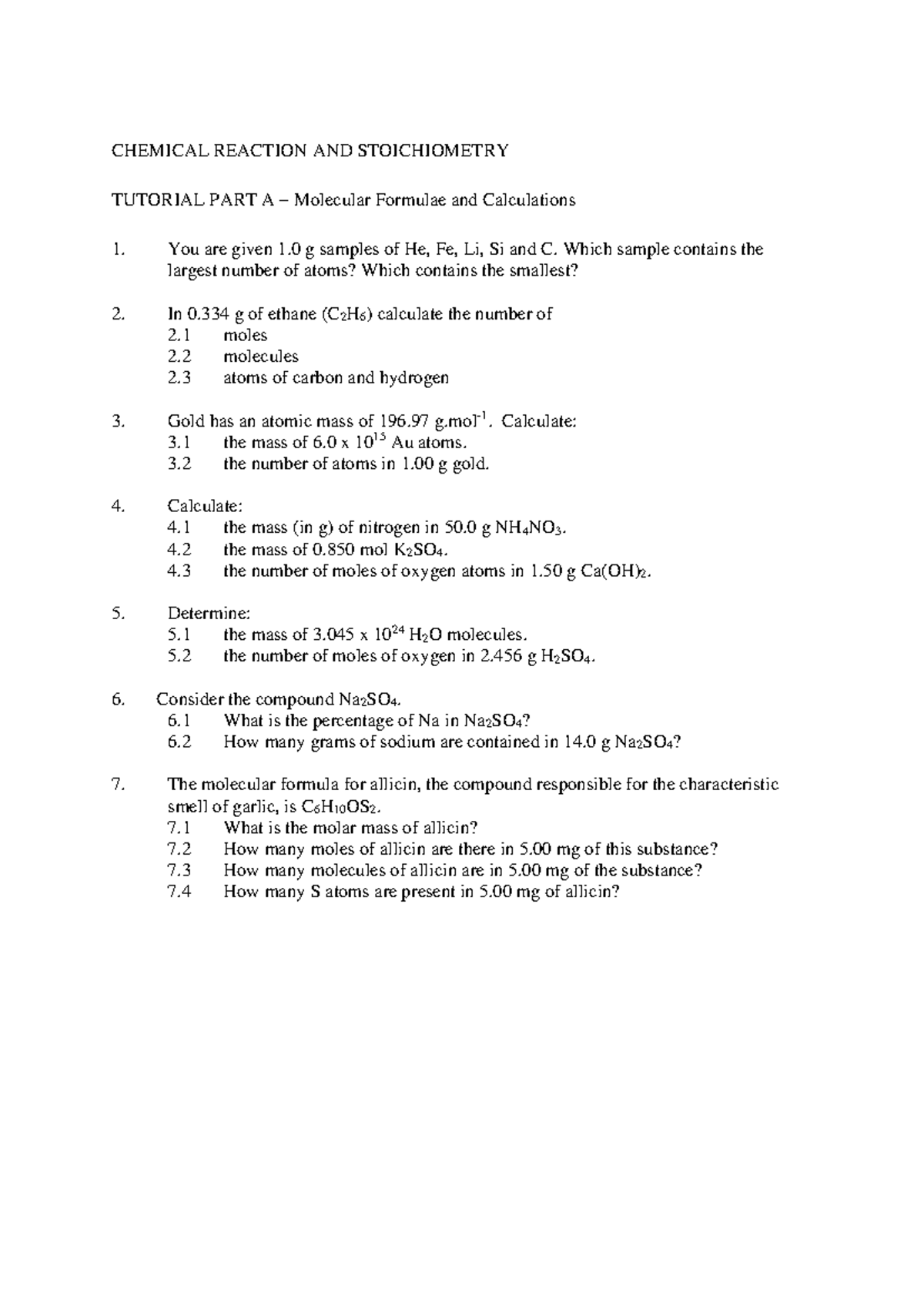 CHEM 101: Chemical Reaction & Stoichiometry Tutorial Part A - Studocu