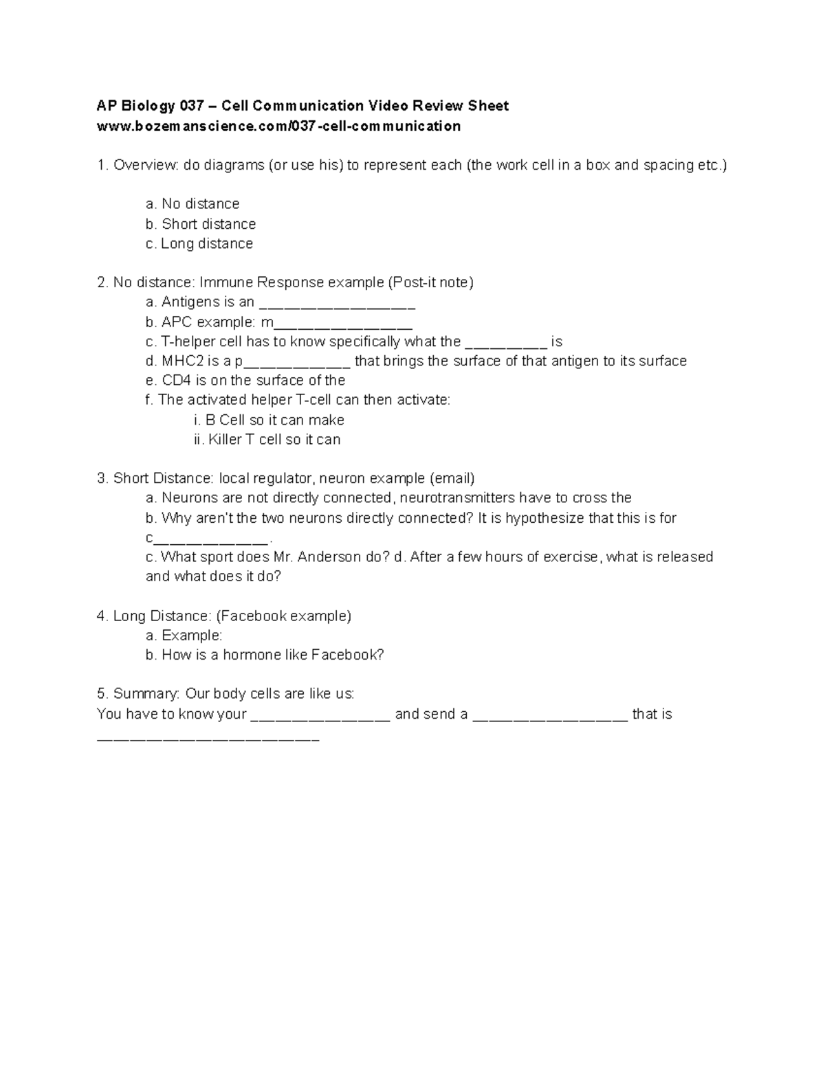 U4M1A1 - AP Biology 037: Cell Communication Video Review Notes - Studocu