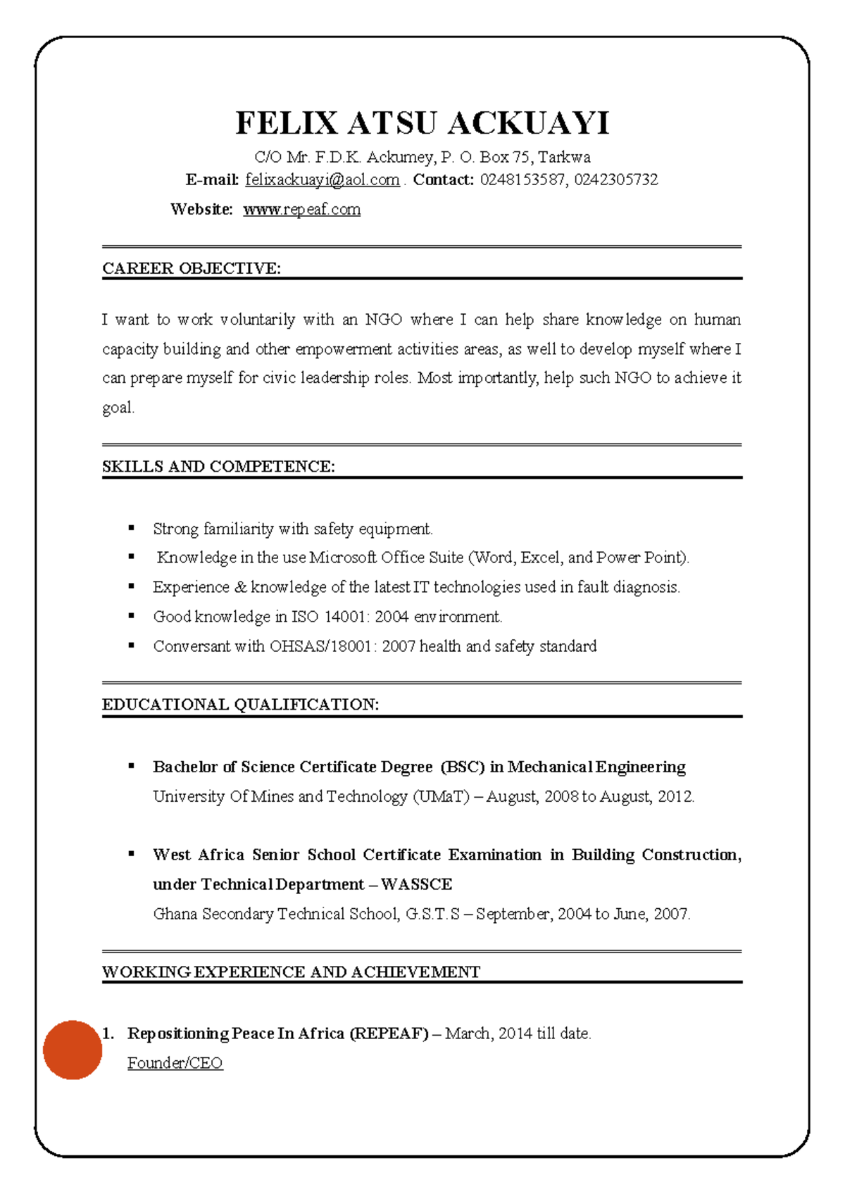 NGO Career CV: Felix Atsu Ackuayi - Skills & Experience Overview - Studocu
