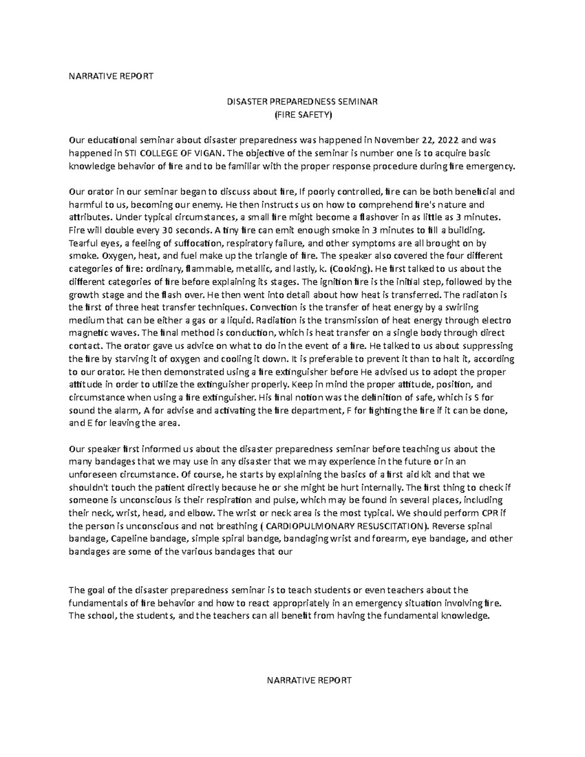 Narrative Report - Disaster Preparedness Seminar & Earthquake Drill - Studocu