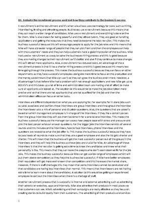 Unit 8- Coursework 1 - P1: Explain how a large business recruits and selects giving reasons for ...