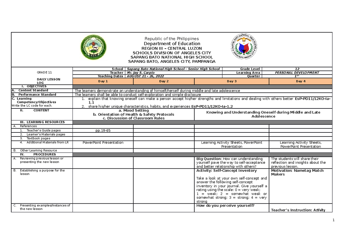 DLL Perdev - Week 1 Daily Lesson Log: Self-Discovery and Orientation ...