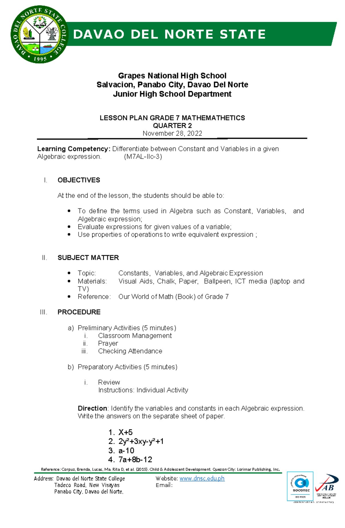 Lesson Plan - Algebraic Expressions for Grade 7 Mathematics (EMS) - Studocu